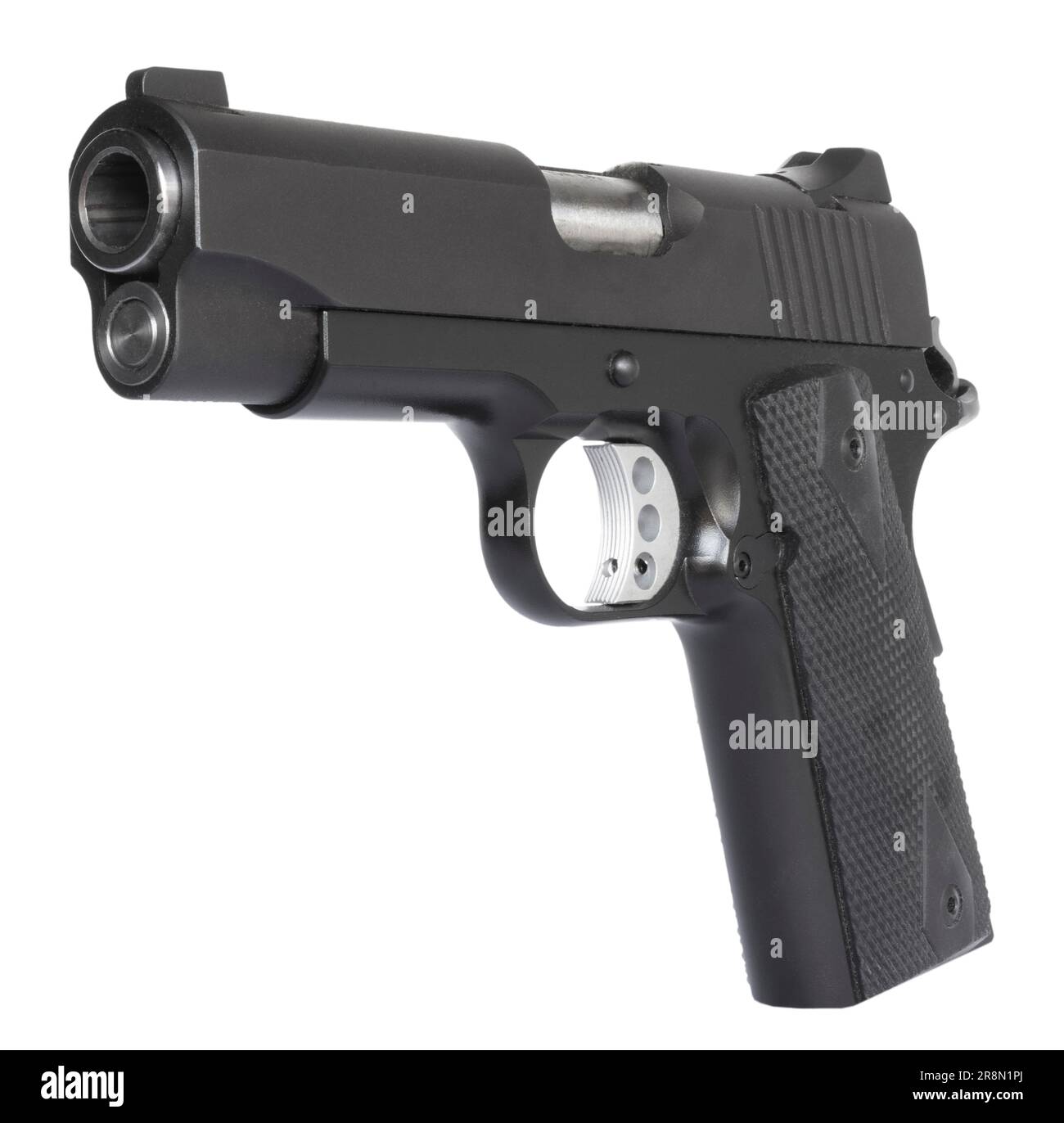 Powerful black handgun that has a big barrel and uses powerful ammo ...