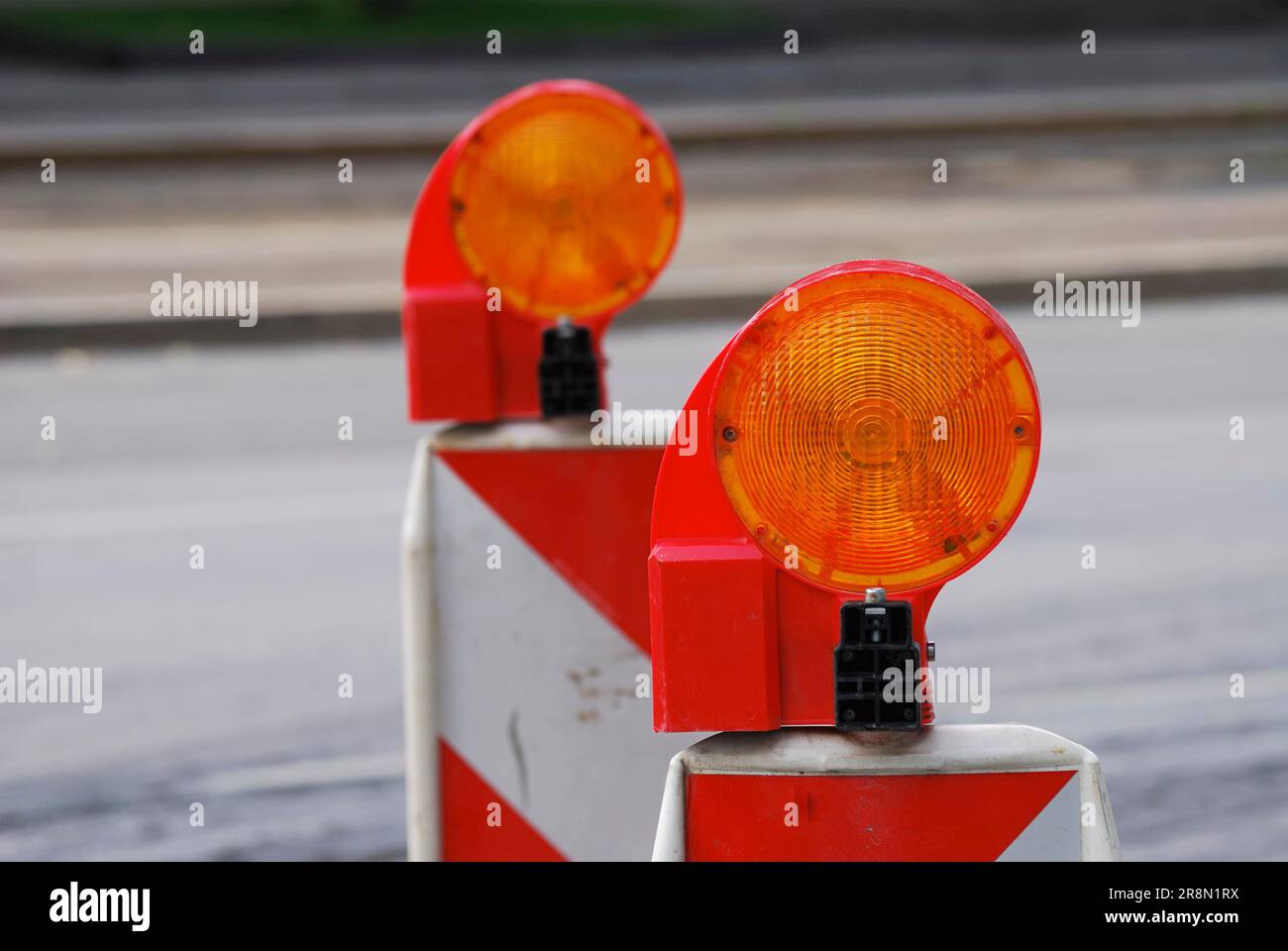 Orange barricade light on the street Stock Photo - Alamy