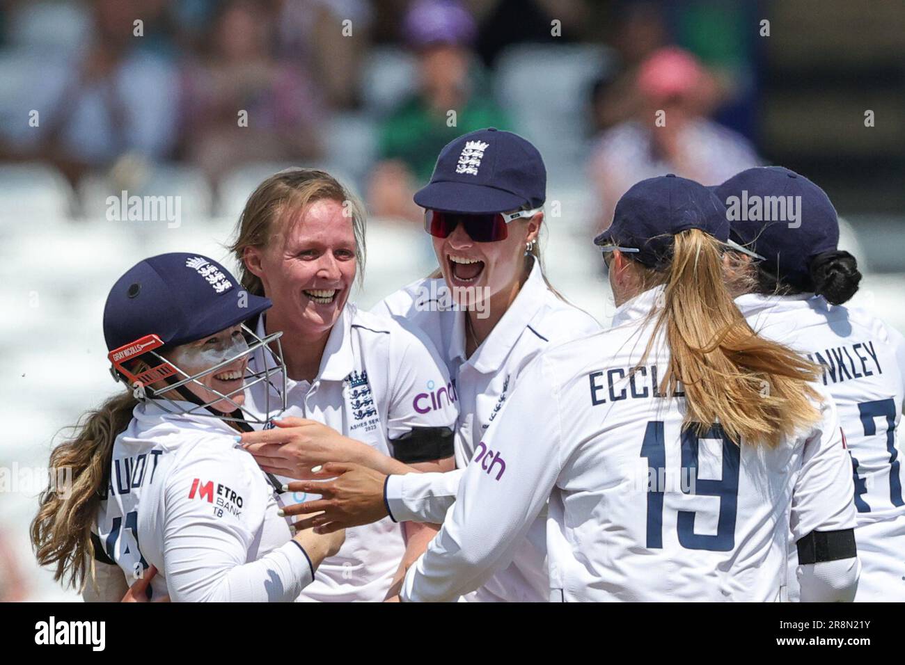 Lauren Filer of England celebrates her first test wicket during the ...