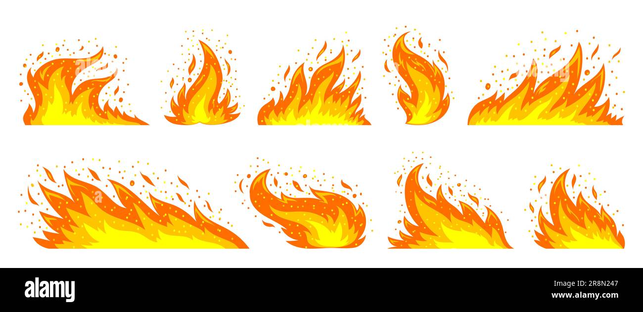 Fire flames with sparks big set. Bright fireball, red heat wildfire ...