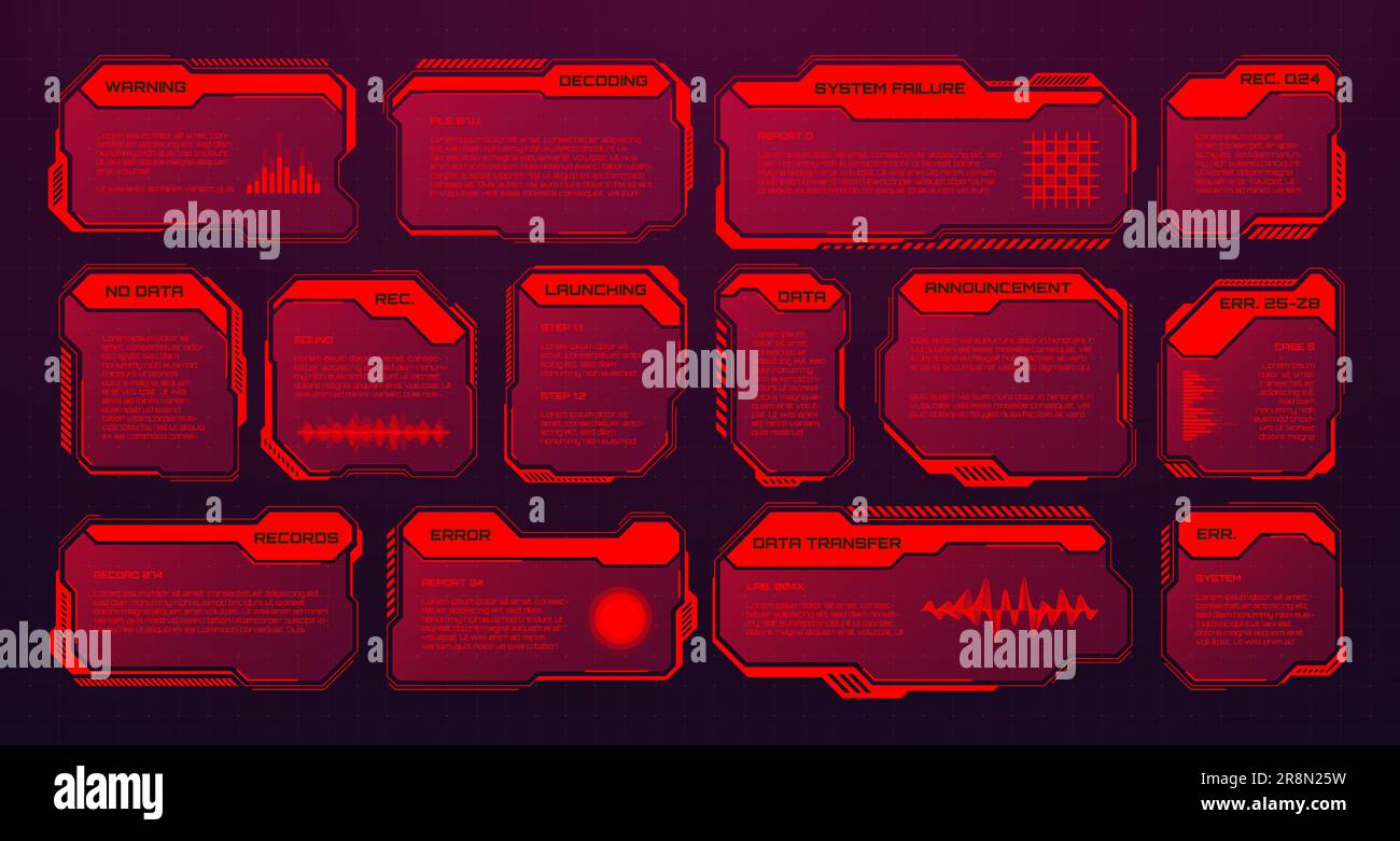 Red futuristic HUD or UI elements. Sci-fi user interface text boxes, callouts. Warning message ...