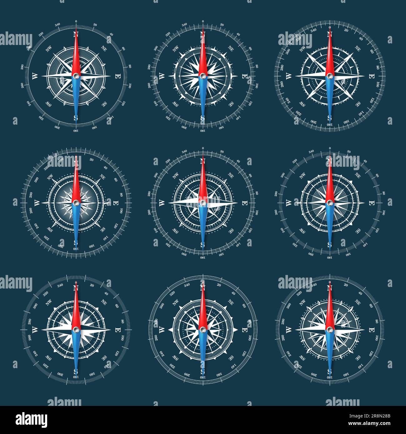 Marine compass, nautical wind rose with cardinal directions of North ...