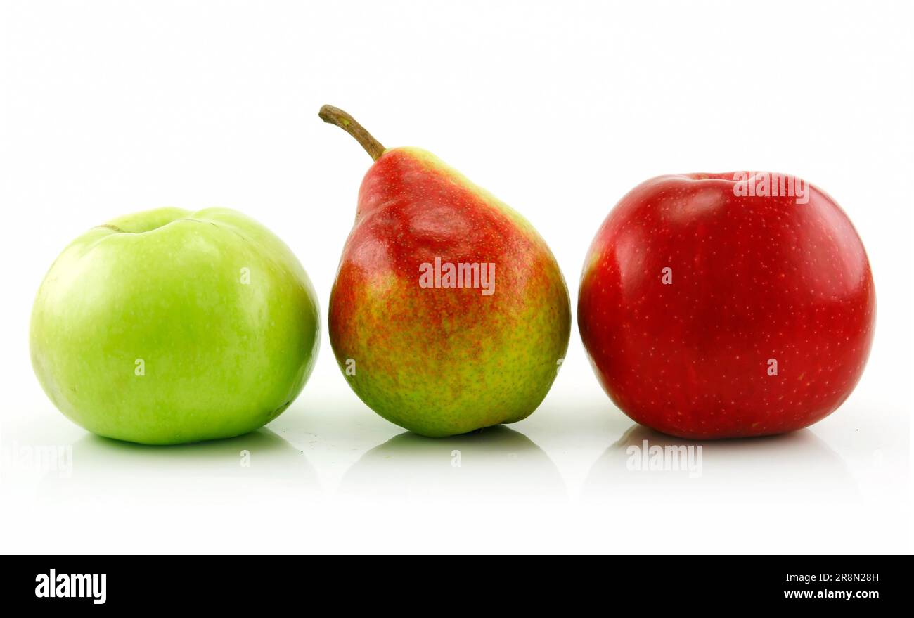 Ripe Apples and Pear in a Row Isolated on White Background Stock Photo ...