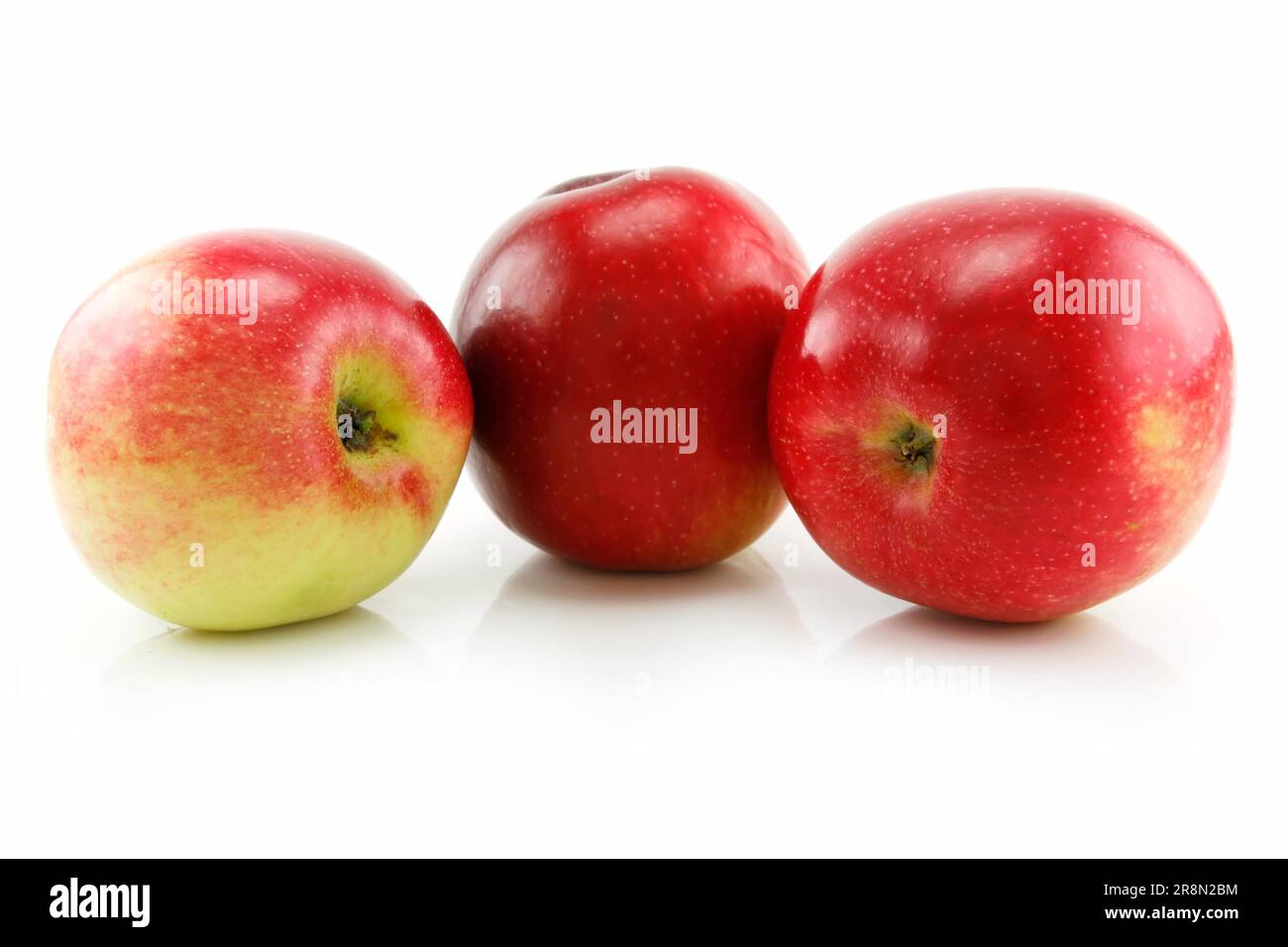Three Ripe Red Apples in Row Isolated on White Background Stock Photo ...