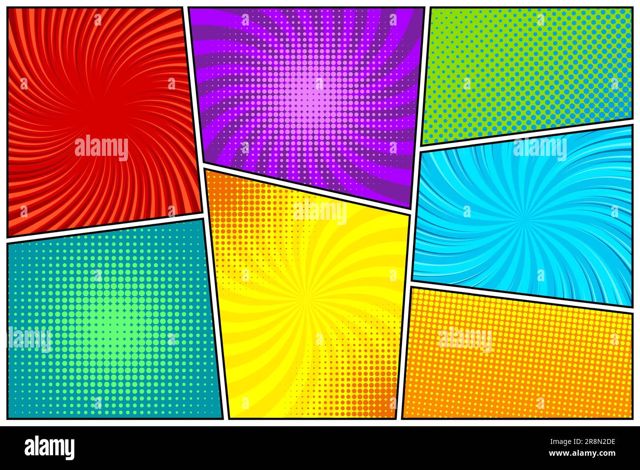 Colorful twisted comic book radial rays, lines. Comics background with ...