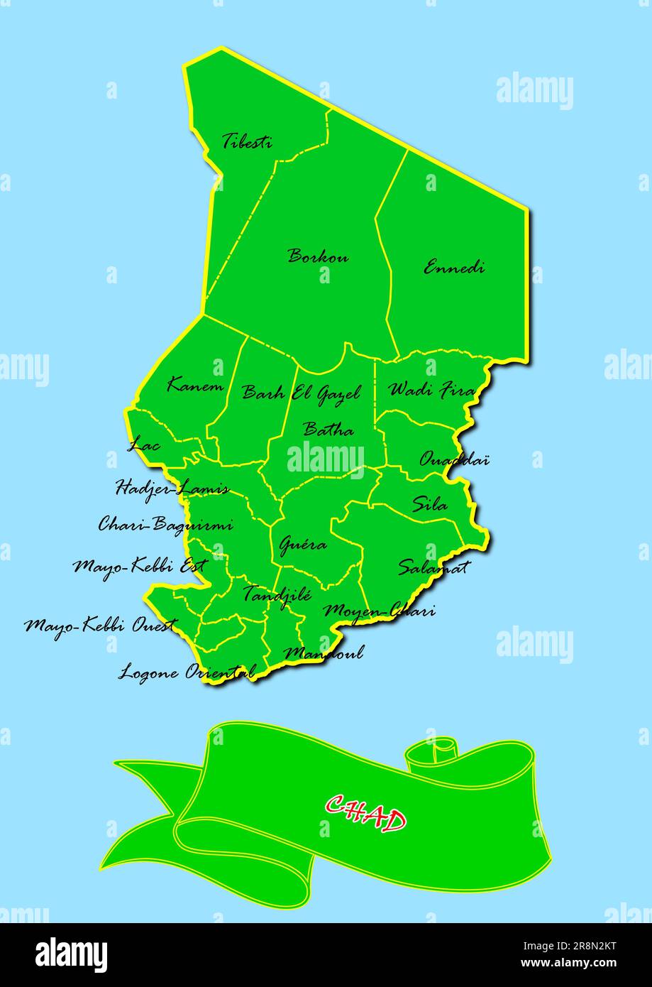 Map of Chad with subregions in green country name in red Stock Photo ...