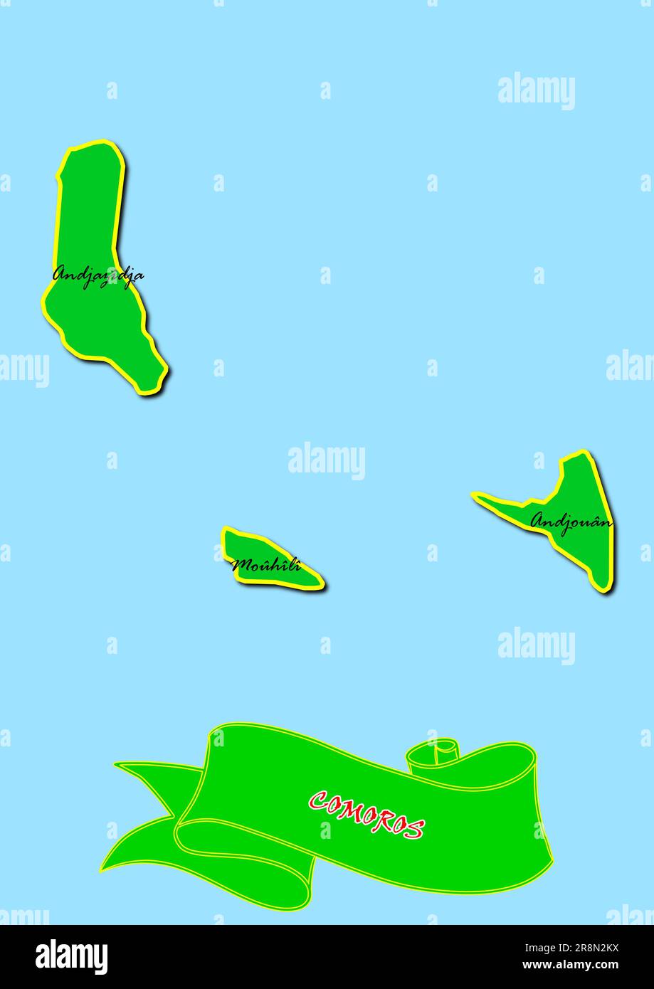 Map of Comoros with subregions in green country name in red Stock Photo ...