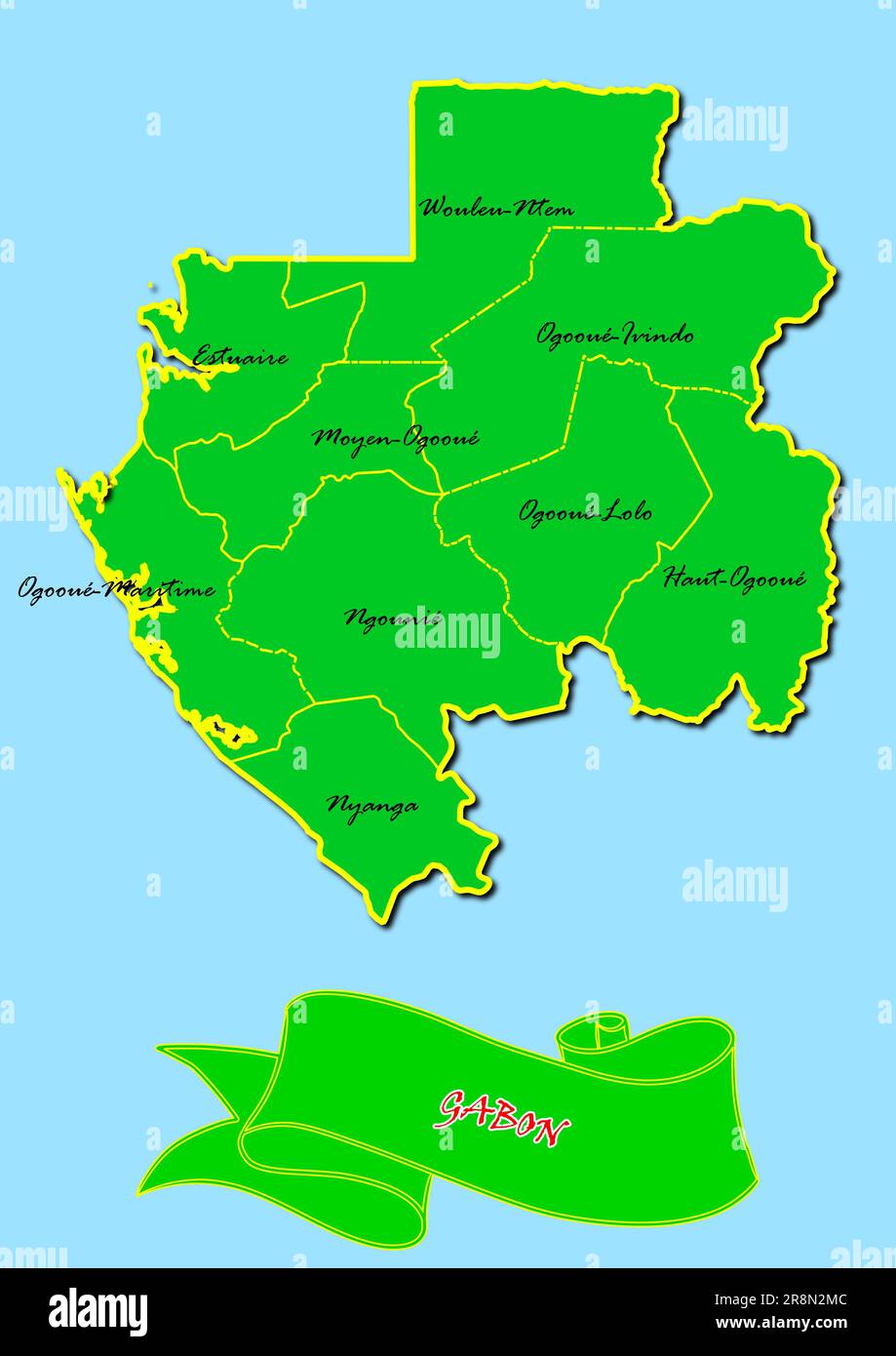 Map of Gabon with subregions in green country name in red Stock Photo ...