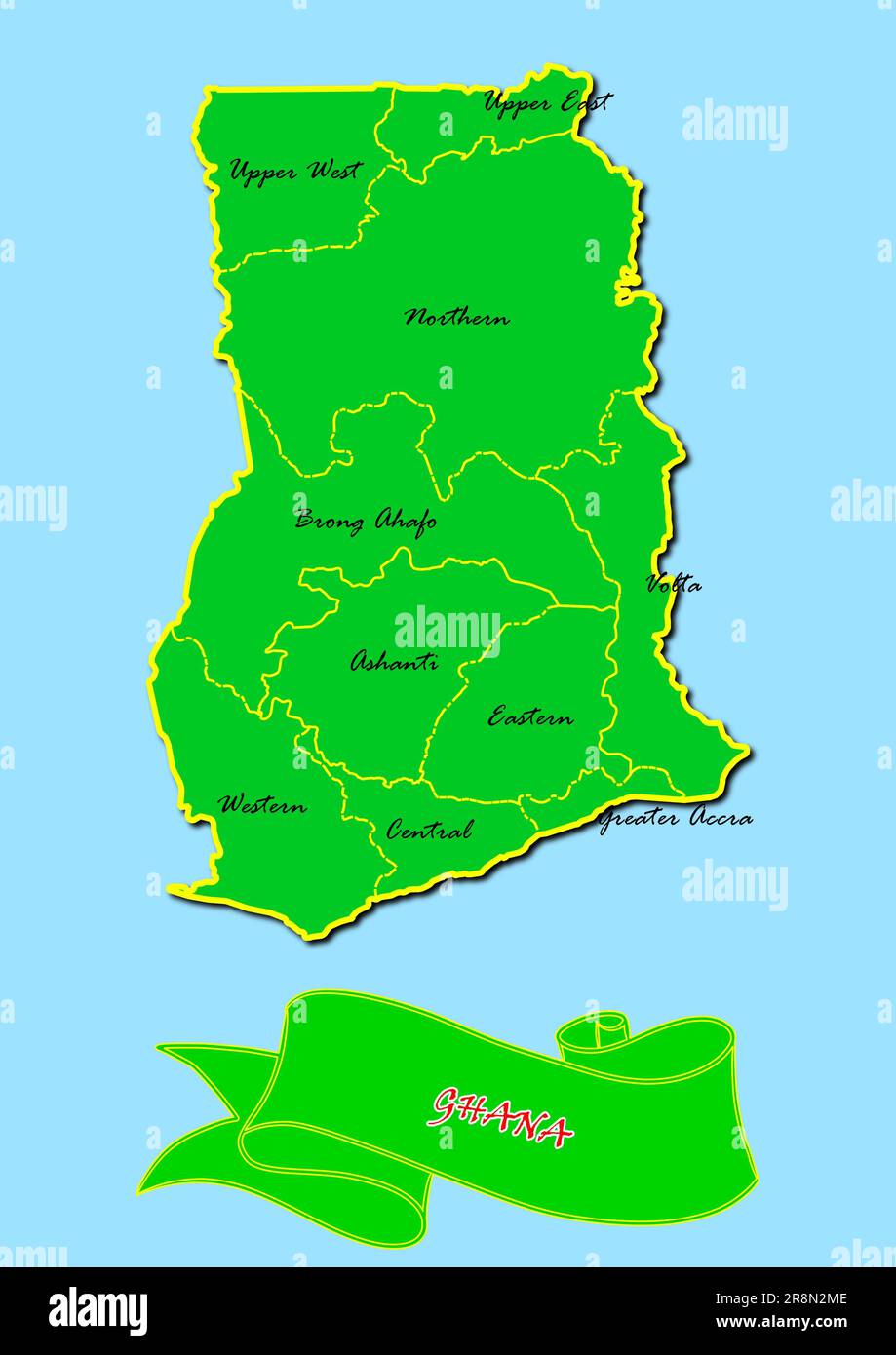Map of Ghana with subregions in green country name in red Stock Photo ...