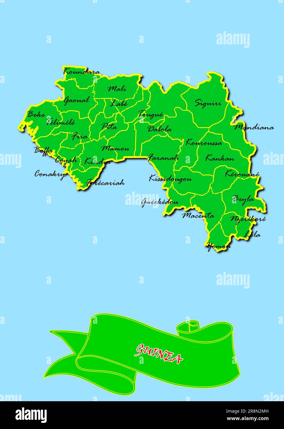 Map of Guinea with subregions in green country name in red Stock Photo ...