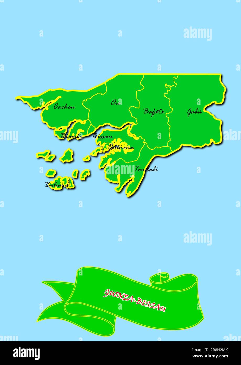 Map of Guinea - Bissau with subregions in green country name in red ...