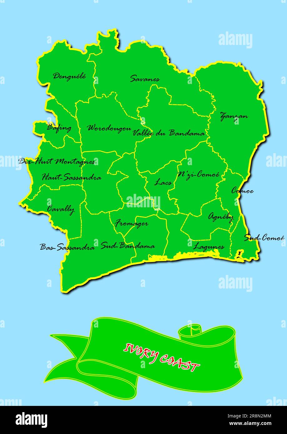 Map of Ivory Coast with subregions in green country name in red Stock ...