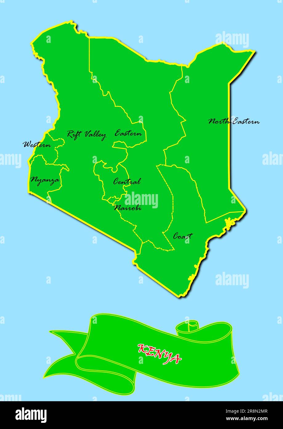 Map of Kenya with subregions in green country name in red Stock Photo ...