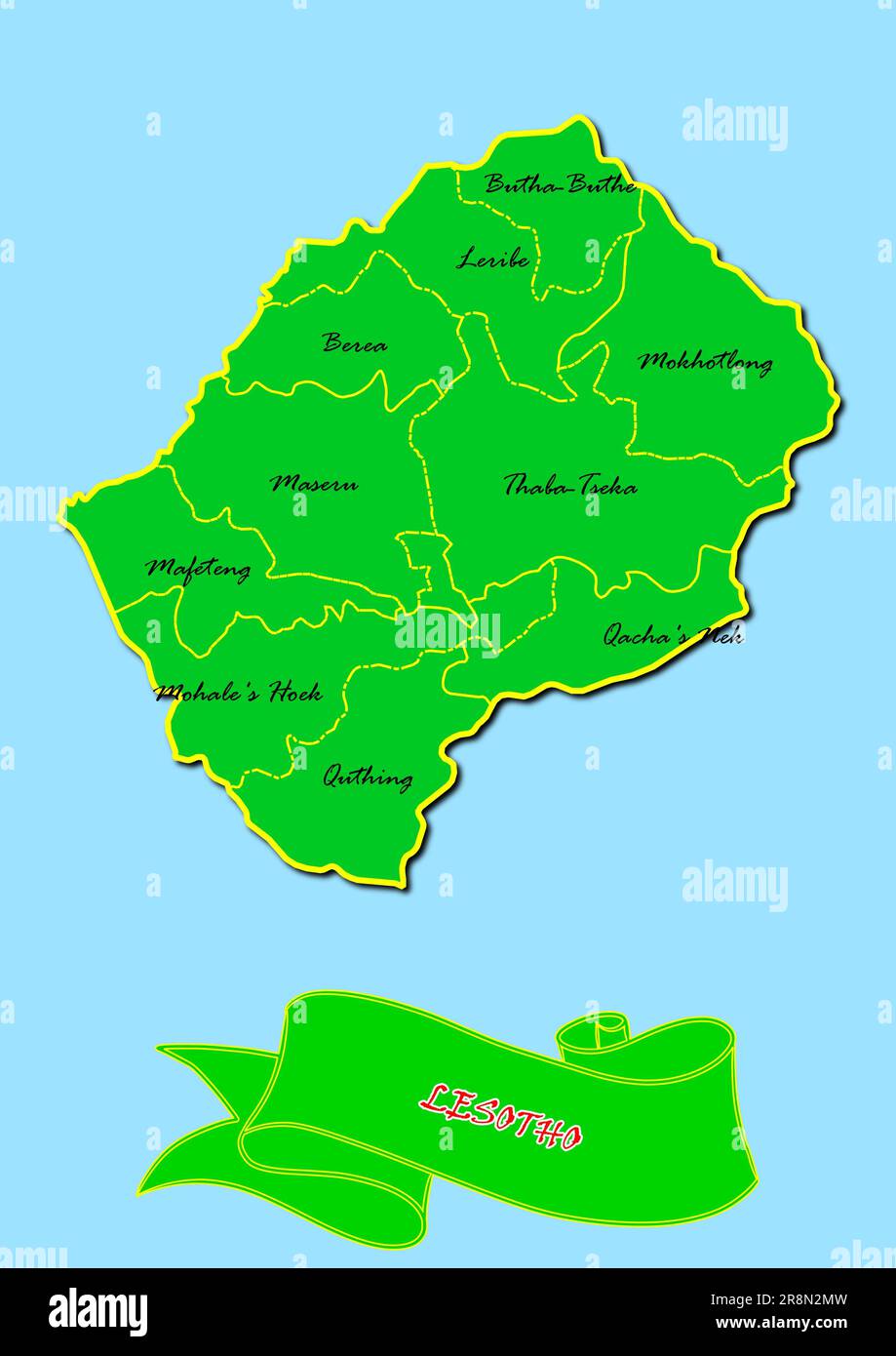 Map of Lesotho with subregions in green country name in red Stock Photo ...