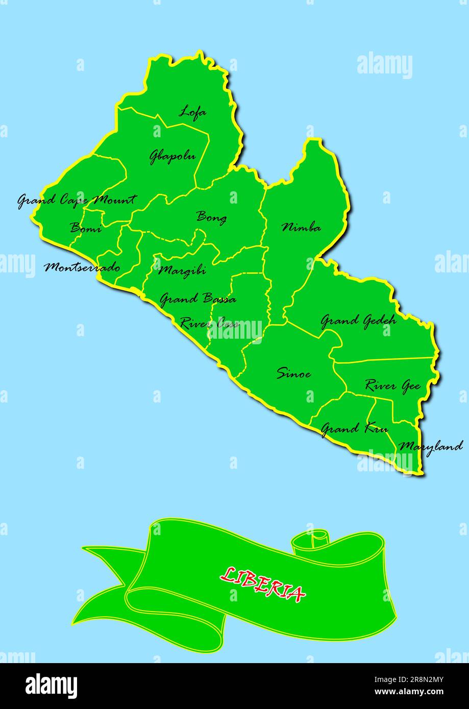 Map of Liberia with subregions in green country name in red Stock Photo ...