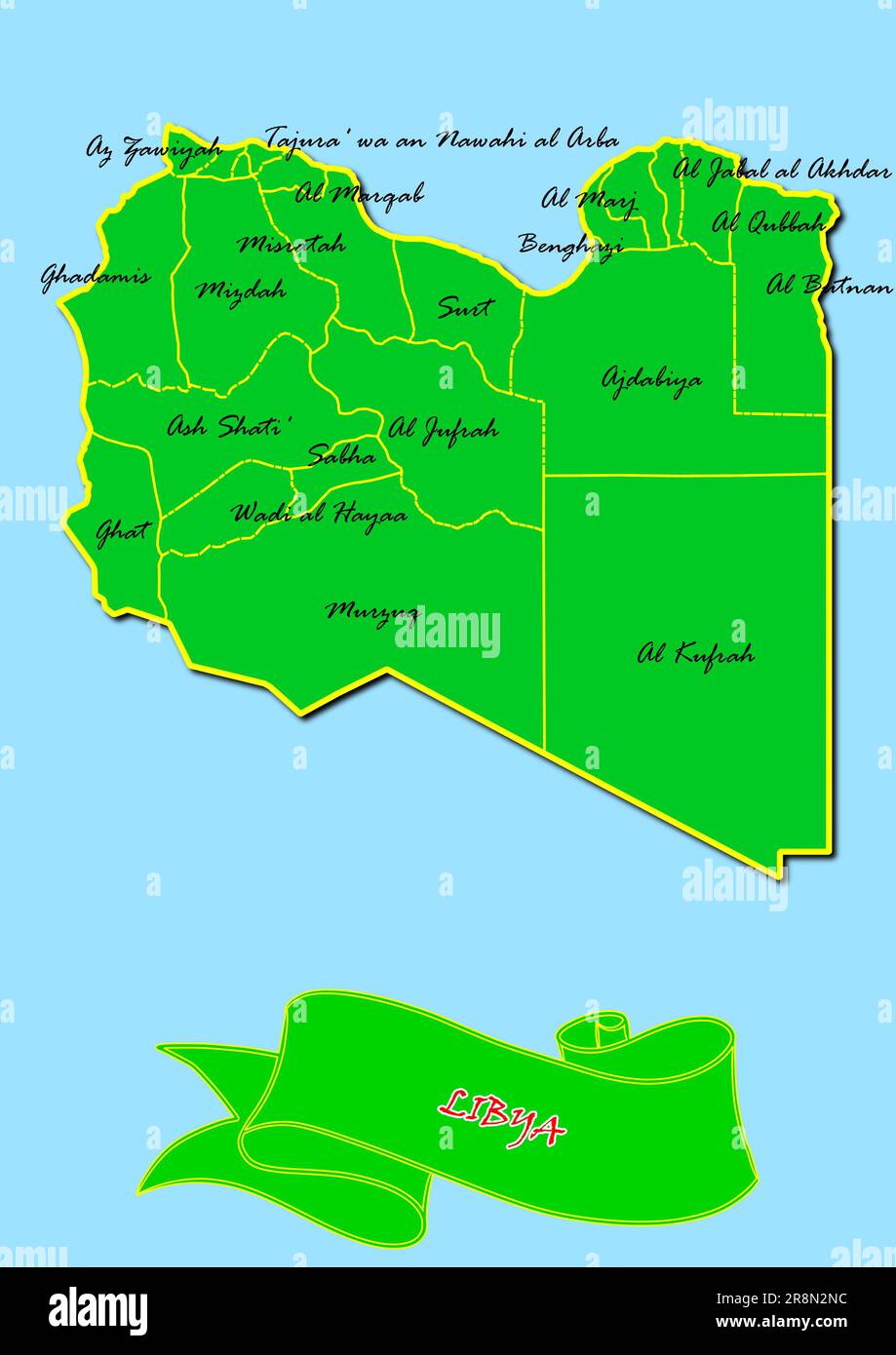 Map of Libya with subregions in green country name in red Stock Photo ...