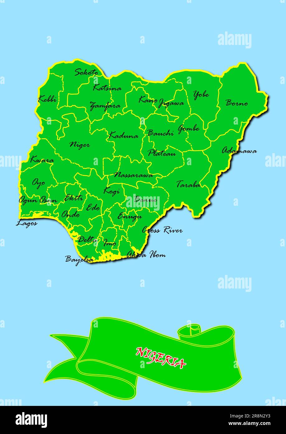 Map of Nigeria with subregions in green country name in red Stock Photo ...
