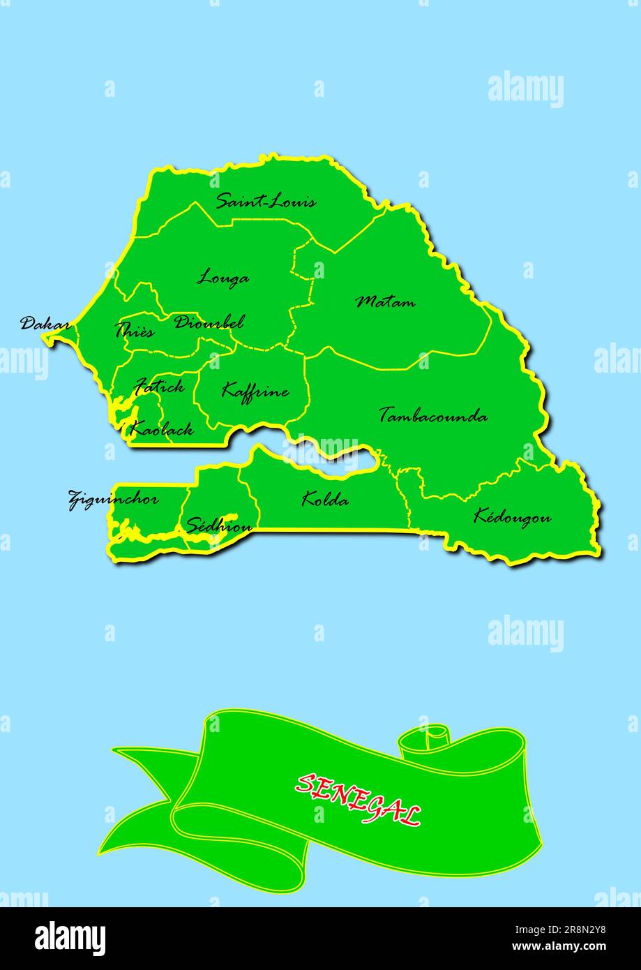 Map of Senegal with subregions in green country name in red Stock Photo ...