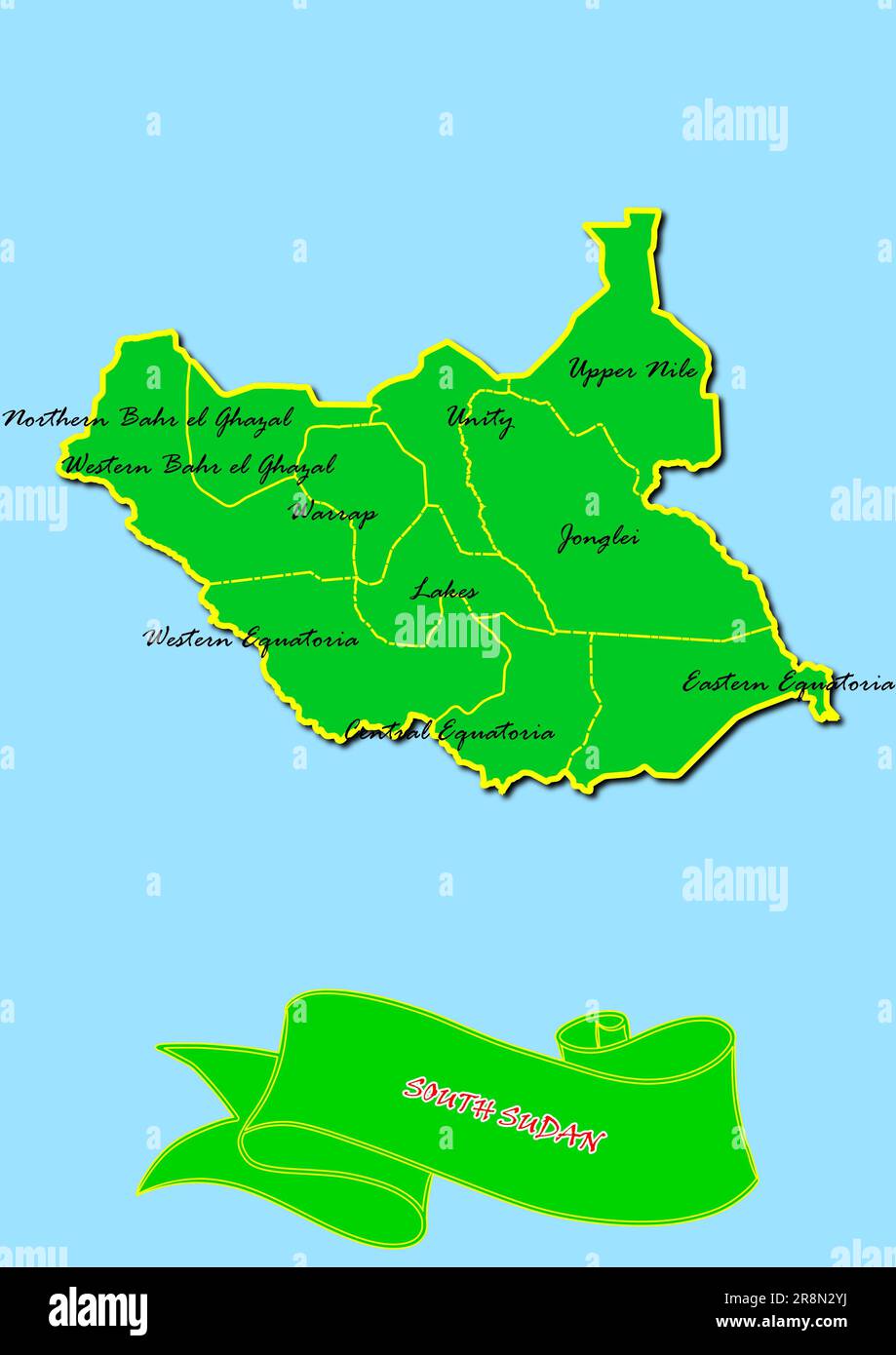 Map of South Sudan with subregions in green country name in red Stock ...