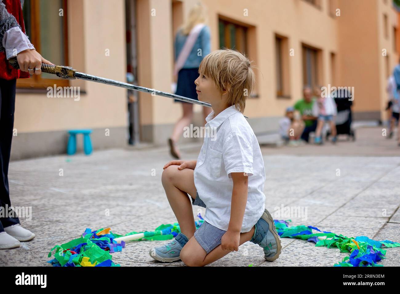 Cute preschool child in kindergarden, prepared to go to school ...