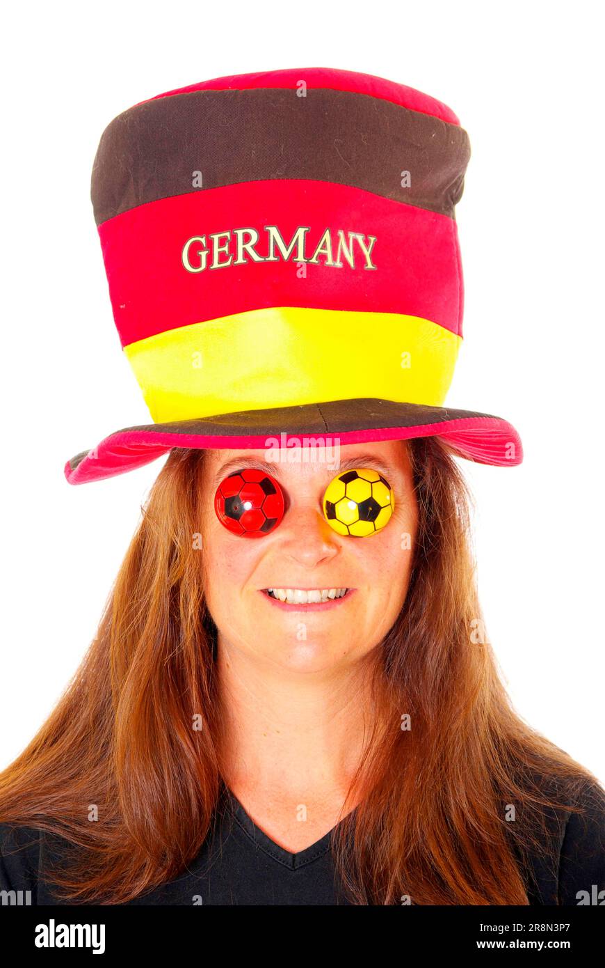Woman with little footballs on her eyes, soccer fan, Germany hat Stock ...