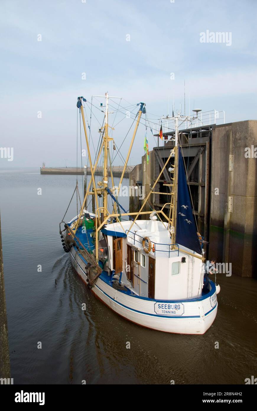 Ship 'Seeburg' in lock, barrage, coastal protection, Eider barrage, at ...