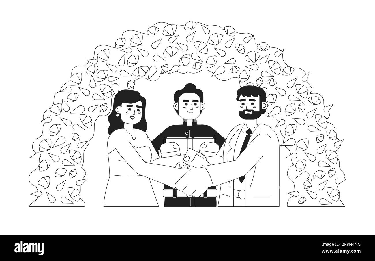 Pastor officiating bride groom wedding monochromatic flat vector ...