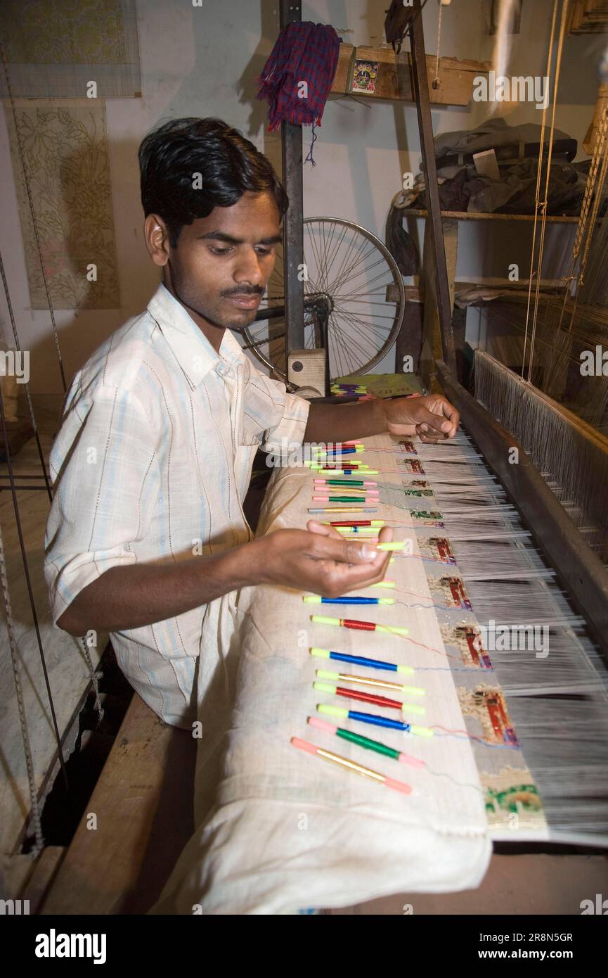 Indian at the loom, silk spinning mill, Varanasi, Benares, Uttar ...