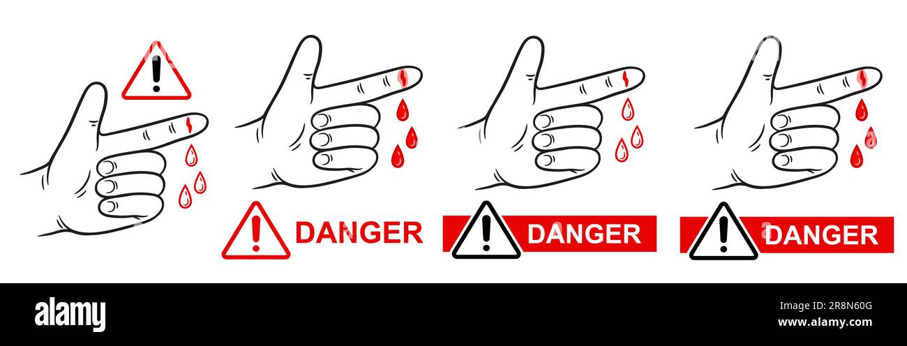 Hand finger cut injury risk warning, skin hurt wound with blood drop ...