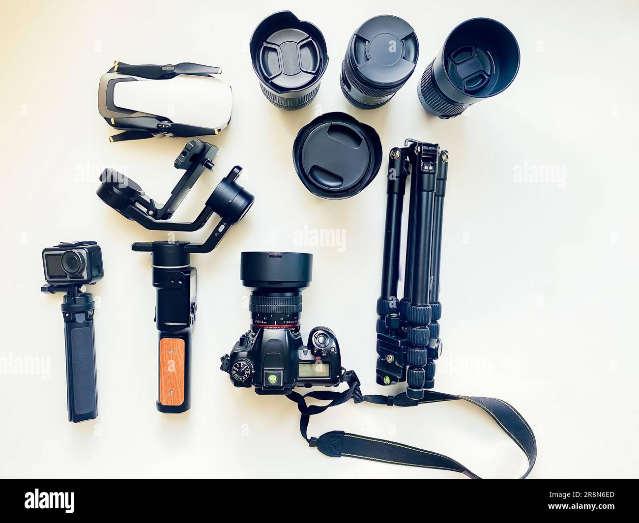 Flat lay composition with equipment for professional photographer on ...