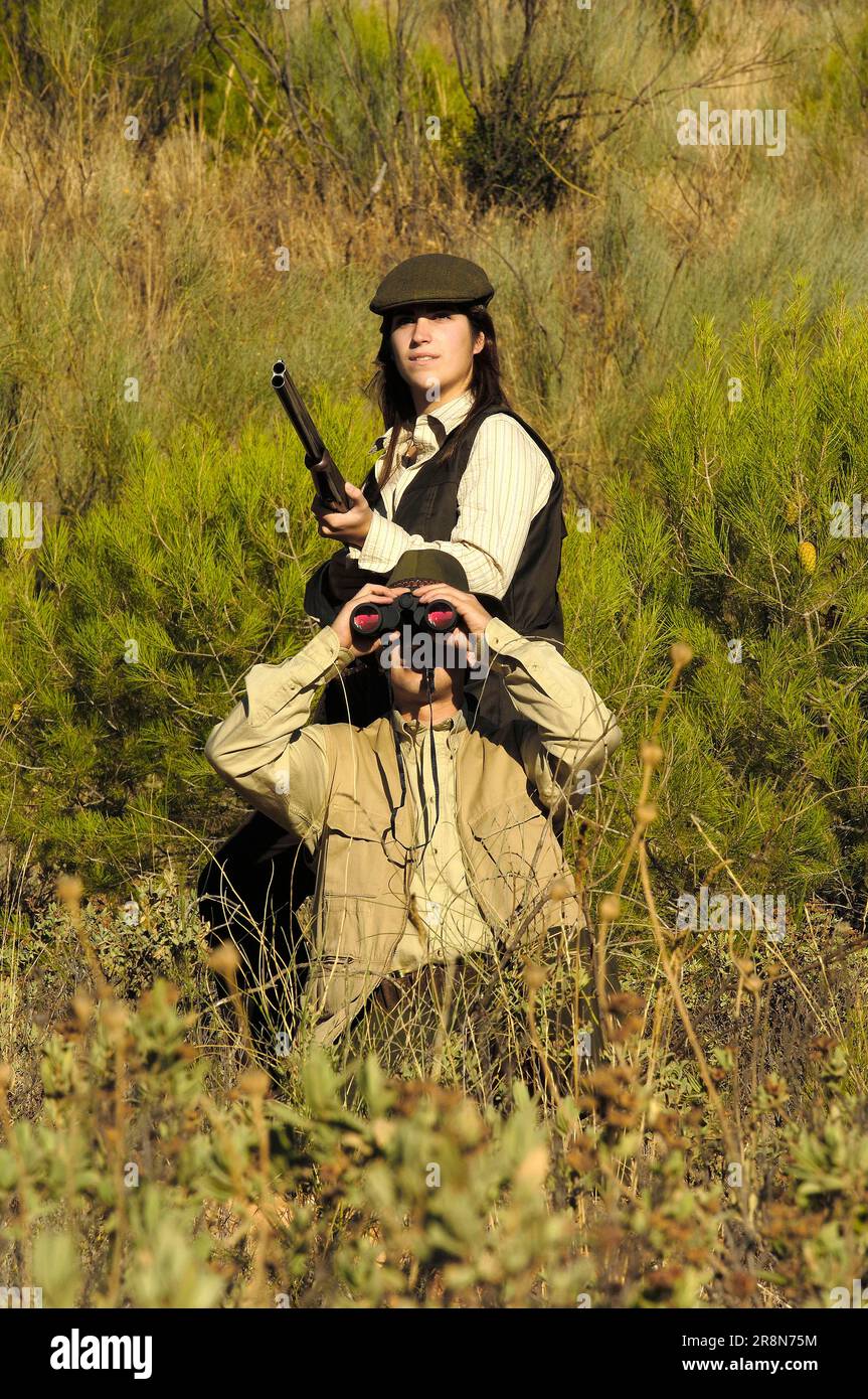 Hunter with rifle and binoculars, hunting, shotgun, in, Spain Stock ...