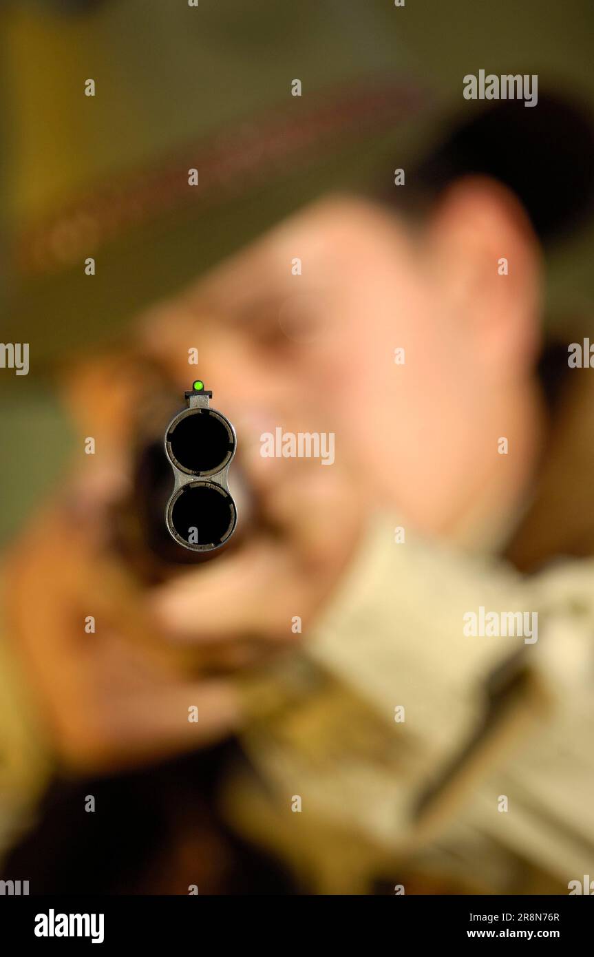 Hunter with rifle, hunting, shotgun, aim, shoot, put on, rifle barrel ...