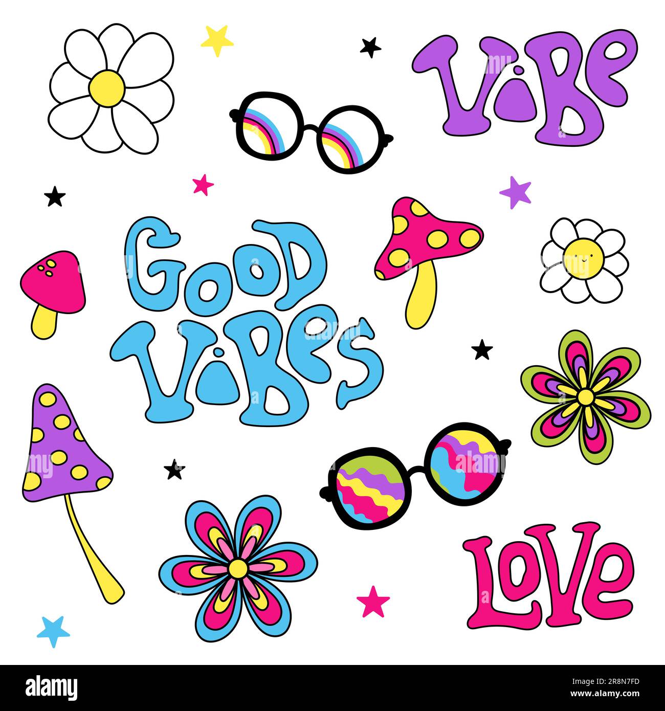Retro 70s groovy elements, simple funky hippy symbols. Colored daisy flowers, mushrooms, vibe ...