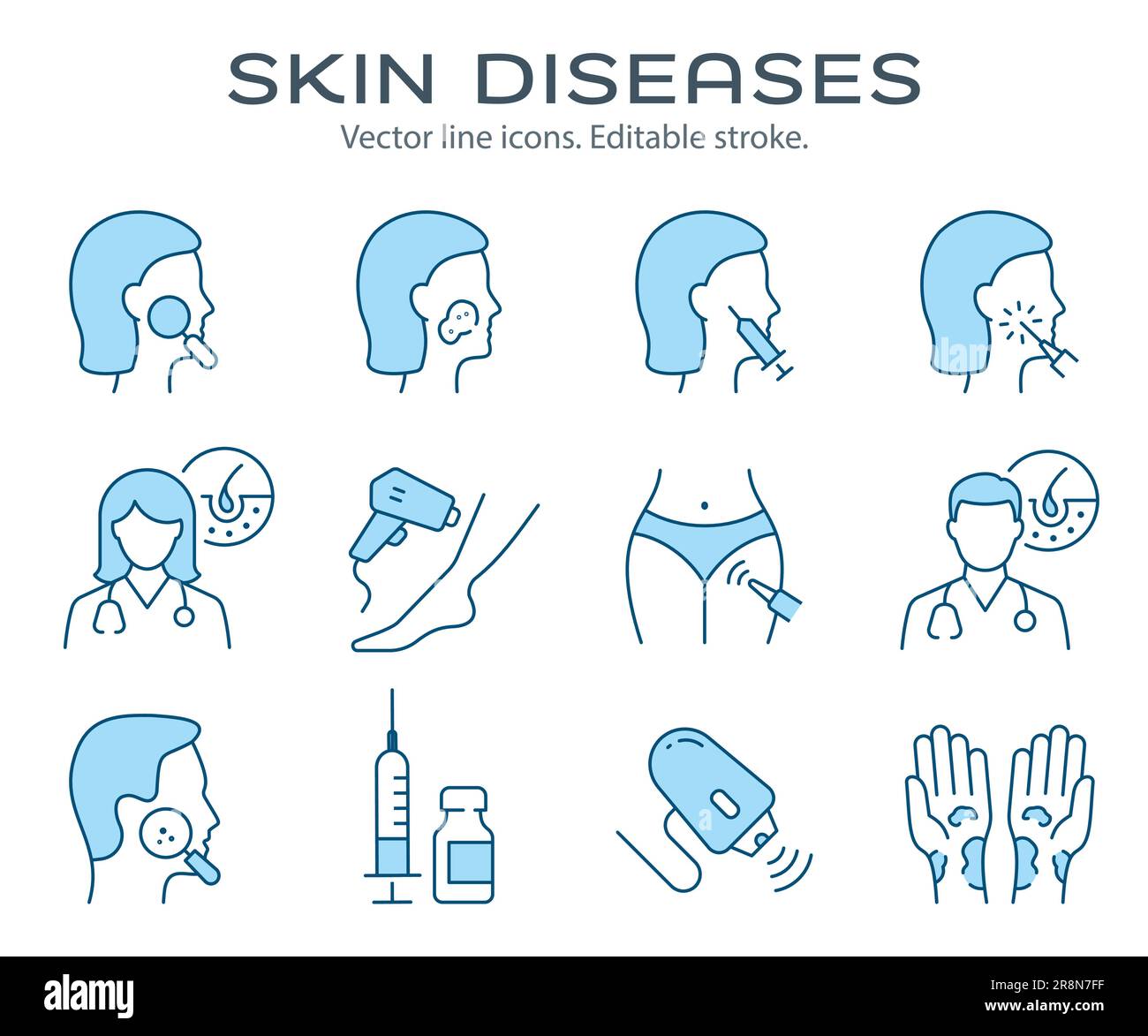 Skin diseases icons, such as eczema, psoriasis, sunburn, rosacea, and ...