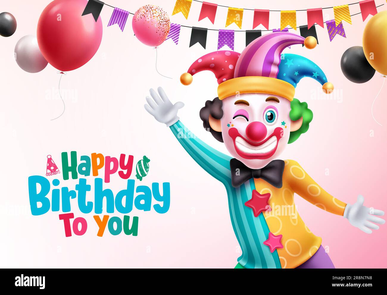Happy birthday vector design. Birthday greeting text with party clown ...