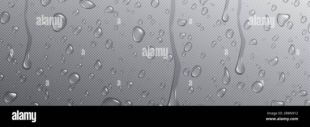Realistic condensation water drops. Vector droplet on window transparent background. 3d clear ...