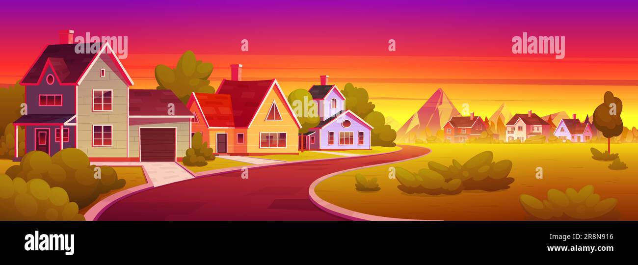 Cartoon town street with mountain sunset on horizon. Vector ...