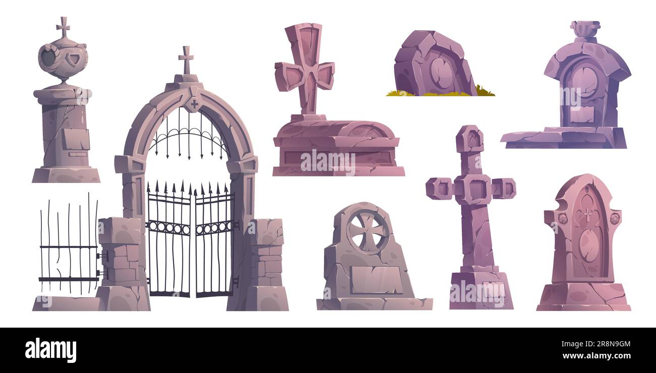 Cartoon set of old cemetery design elements isolated on white ...
