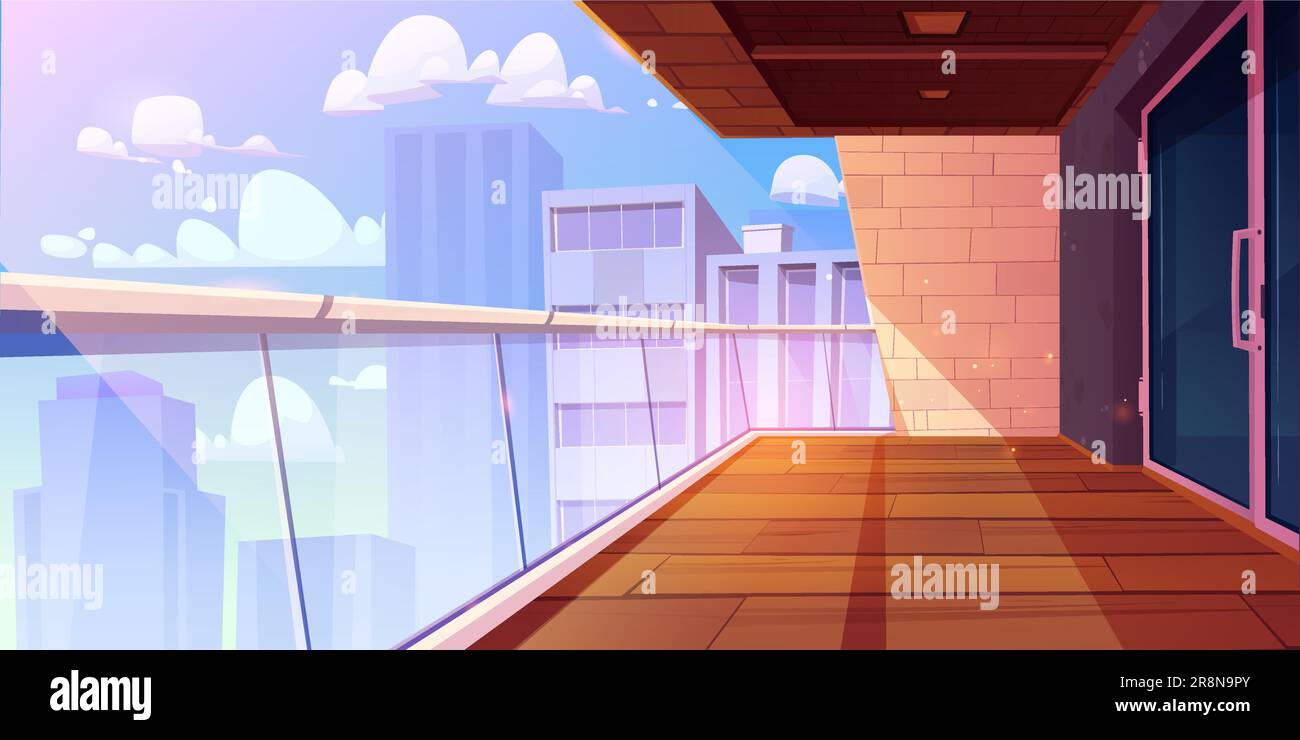Cartoon apartment balcony with glass handrail and cityscape view ...