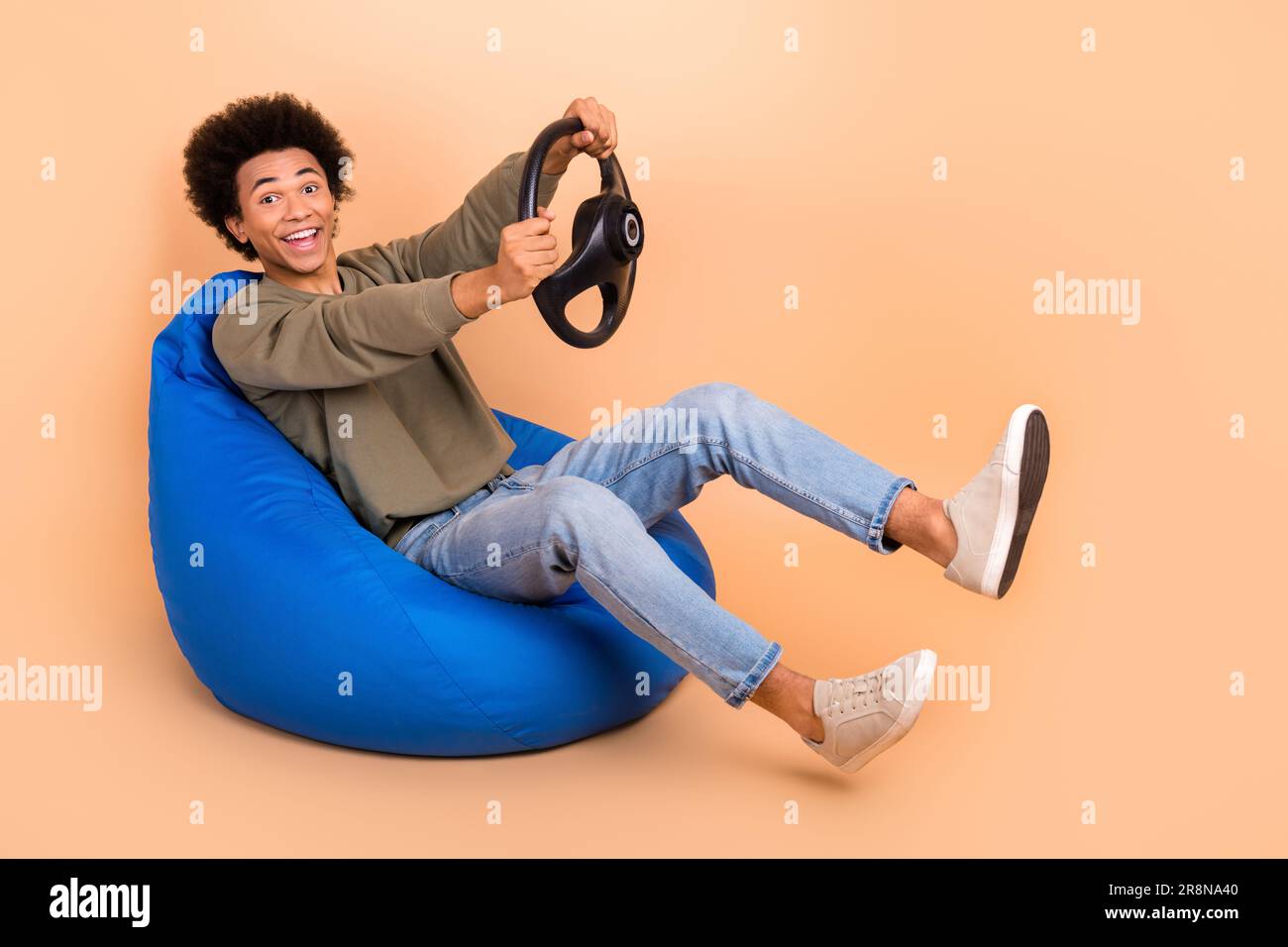 Full body length cadre of excited overjoyed young guy chilling spend ...