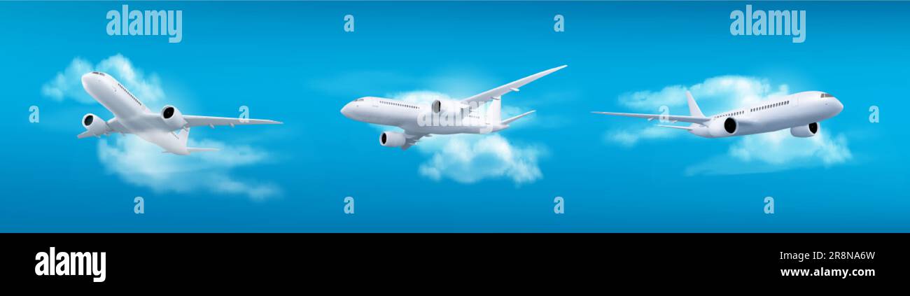 3d plane flight takeoff in sky vector concept set. Jet fly in air scene ...