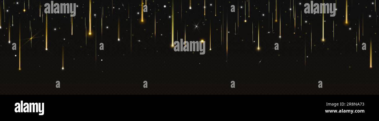 Golden star rain fall on transparent vector background. Abstract comet ...