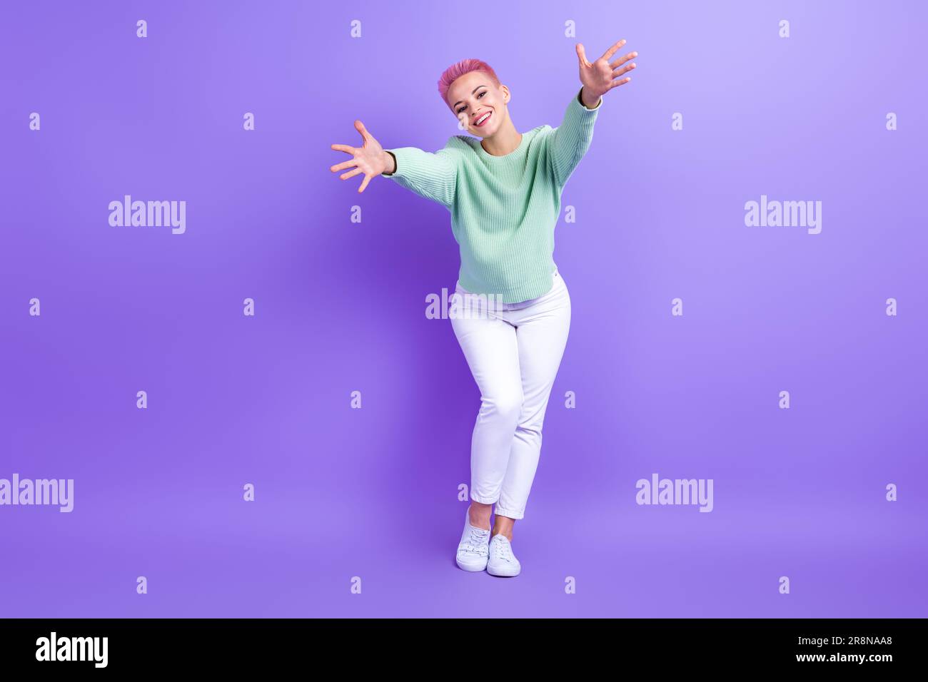 Full length portrait of cheerful excited person raise opened arms ...