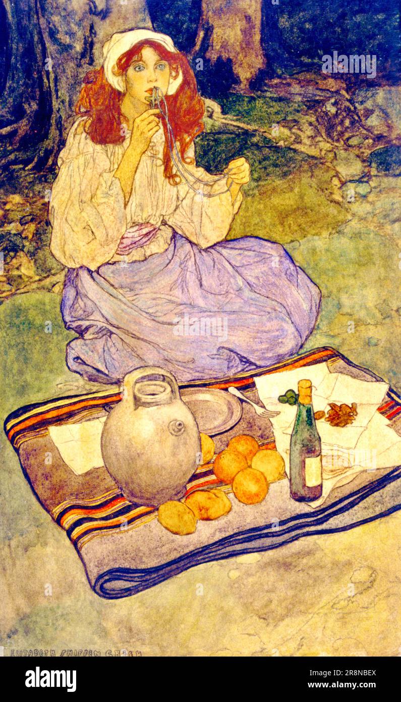 Elizabeth Shippen Green - "Miguela, kneeling still, put it to her lip ...