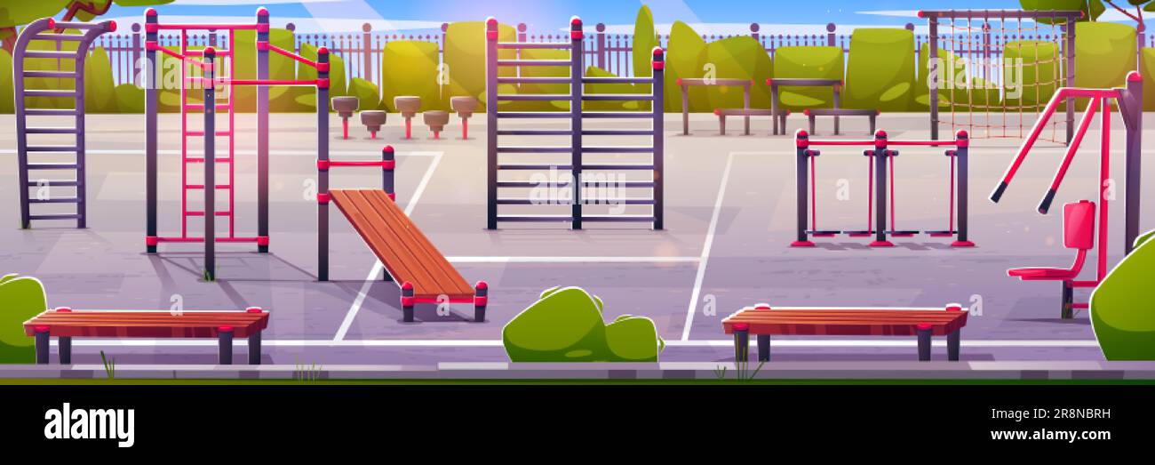Street workout equipment in summer park with green trees. Vector ...