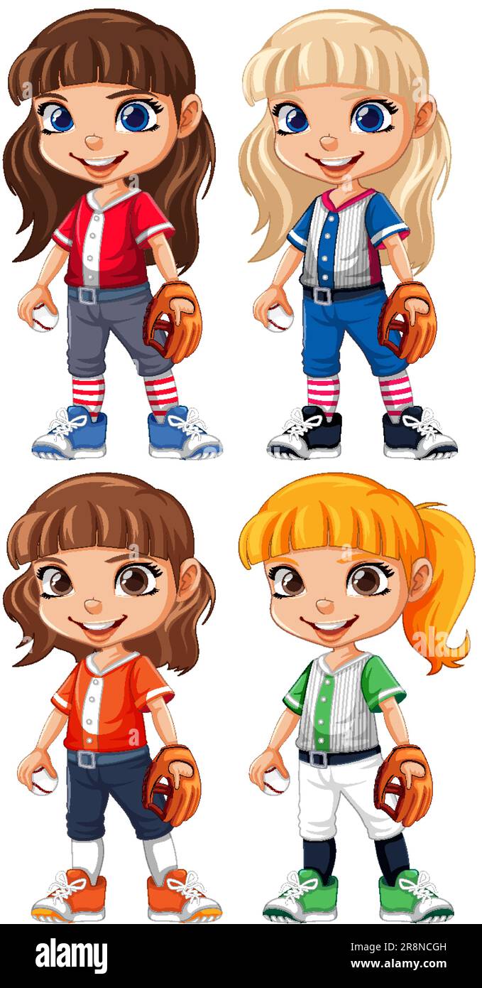 Set of cute girl baseball player cartoon character with diffrent hair ...