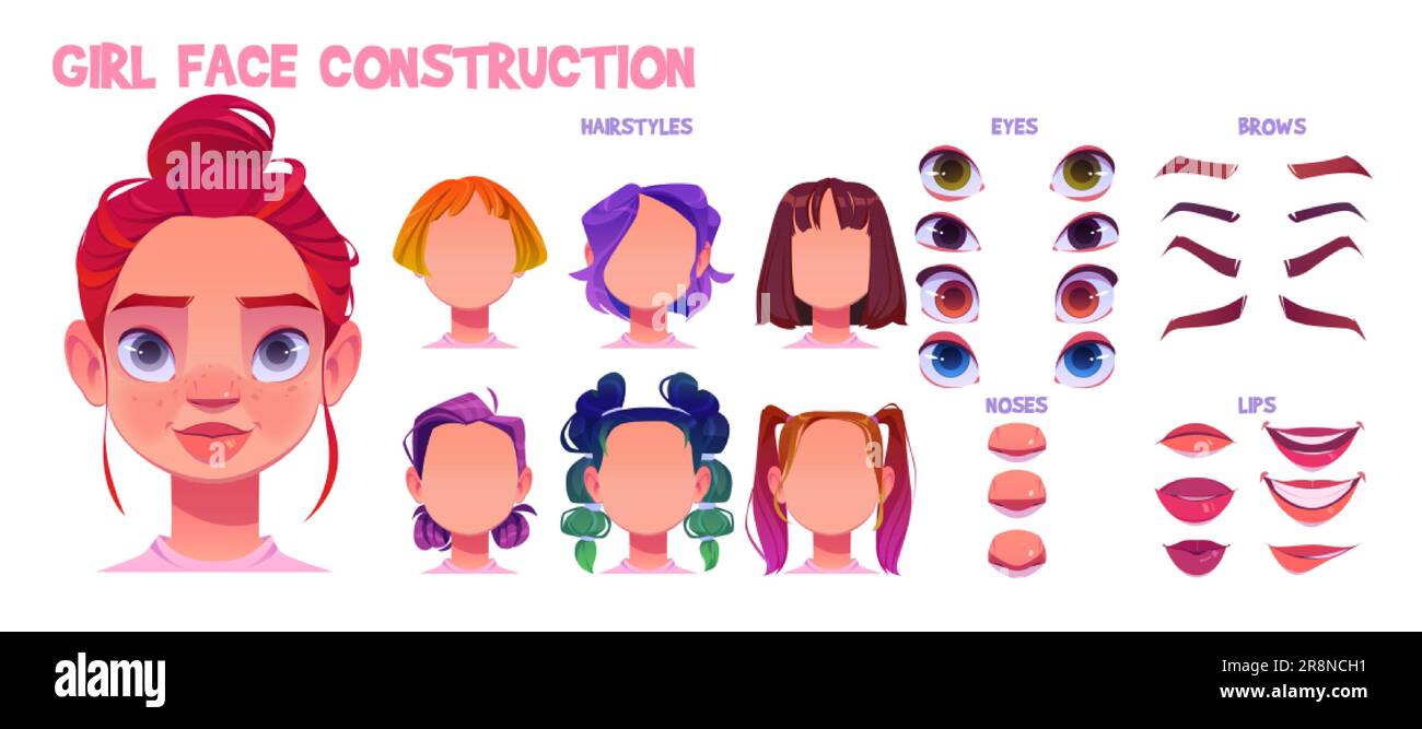 Girl character face avatar construction cartoon. Female hairstyle, eye ...