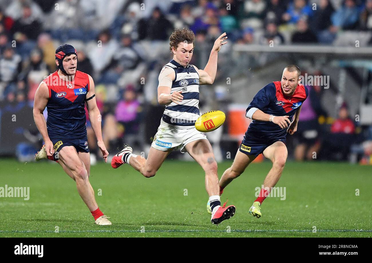 Geelong, Australia. 22nd June, 2023. Tanner Bruhn of the Cats (centre ...