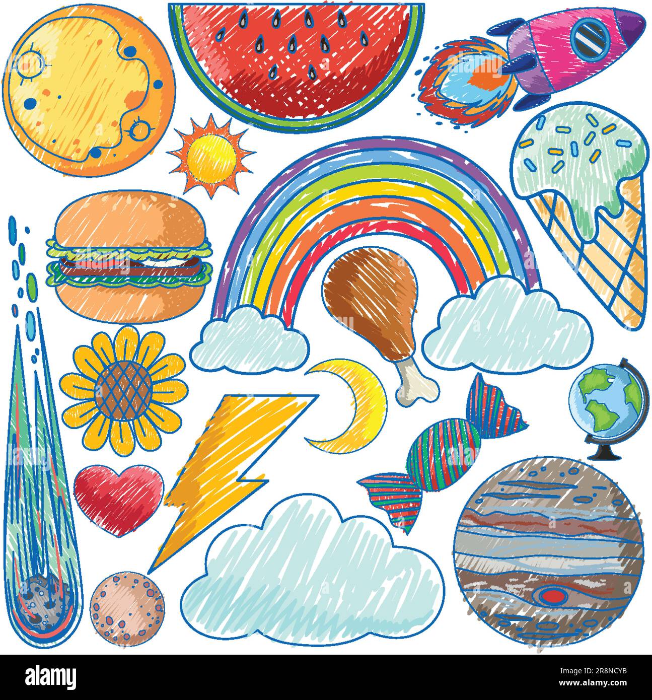 Outer space objects in Pencil Colour Sketch Simple Style illustration ...