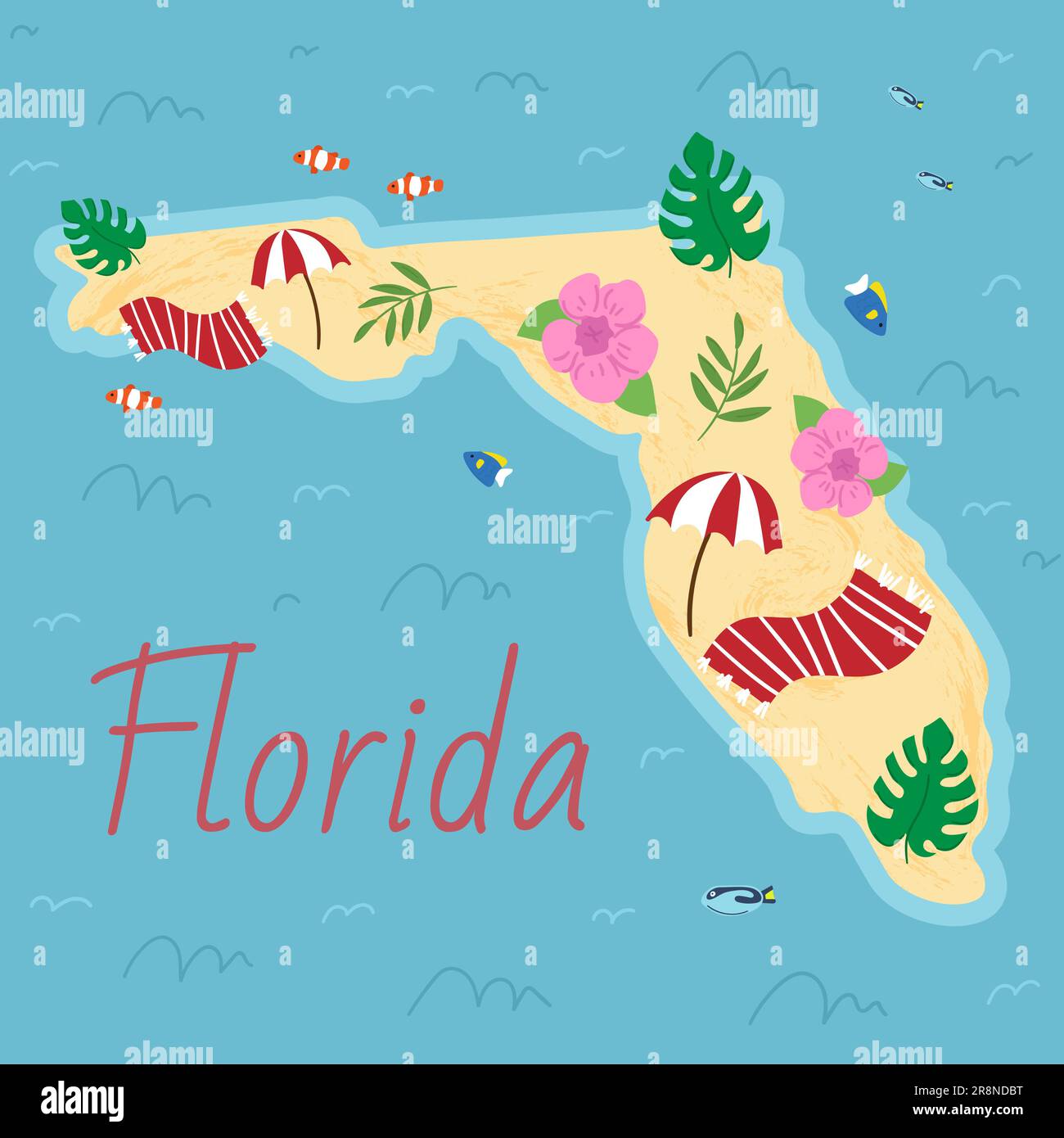 Simple border map of Florida - sothern state on USA. Some beach ...
